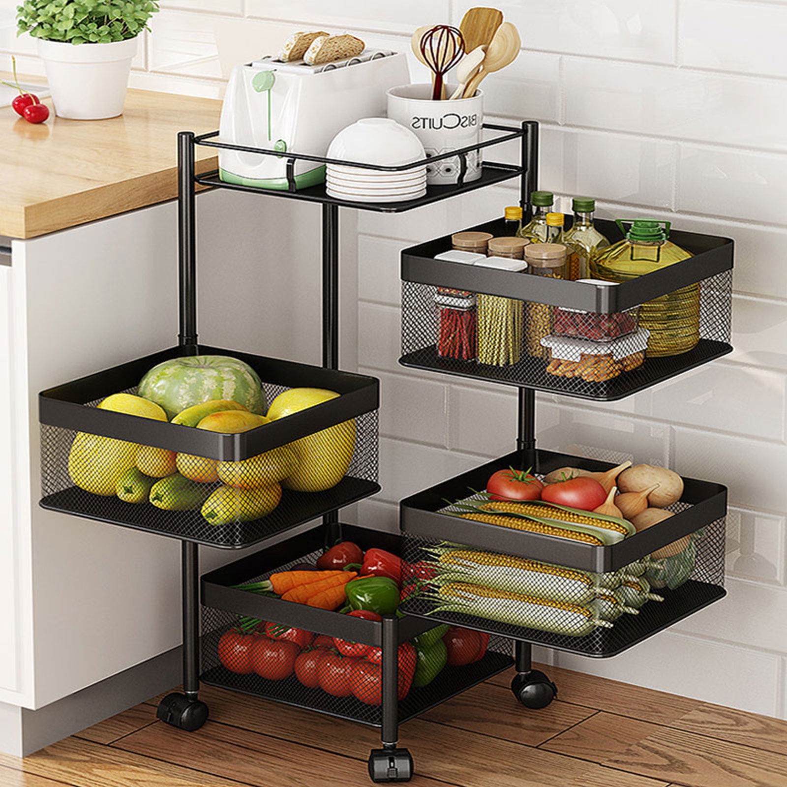 4-Tier Rotating Veggie Produce Trolley with Wheels: Metal Storage Rack ...