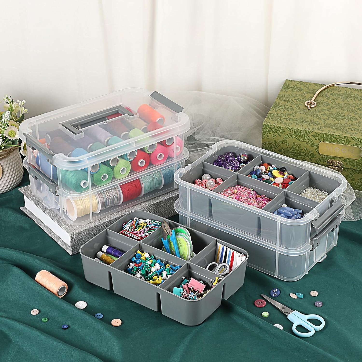 4-Tiers Stack Carry Storage Box with 2 Divided Tray, Transparent ...