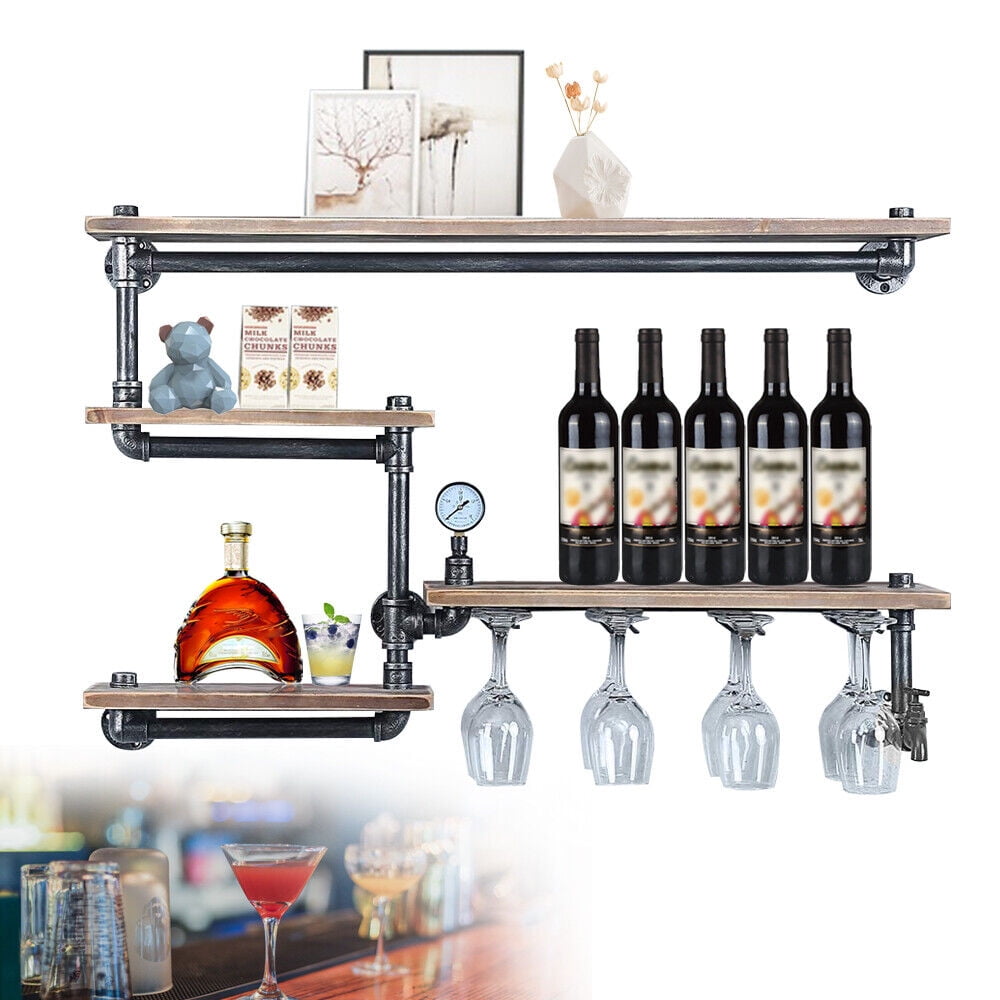 4 Tiers Steampunk Rack Wall Mount Pipe Kitchen Wine Glasses Shelf Metal ...