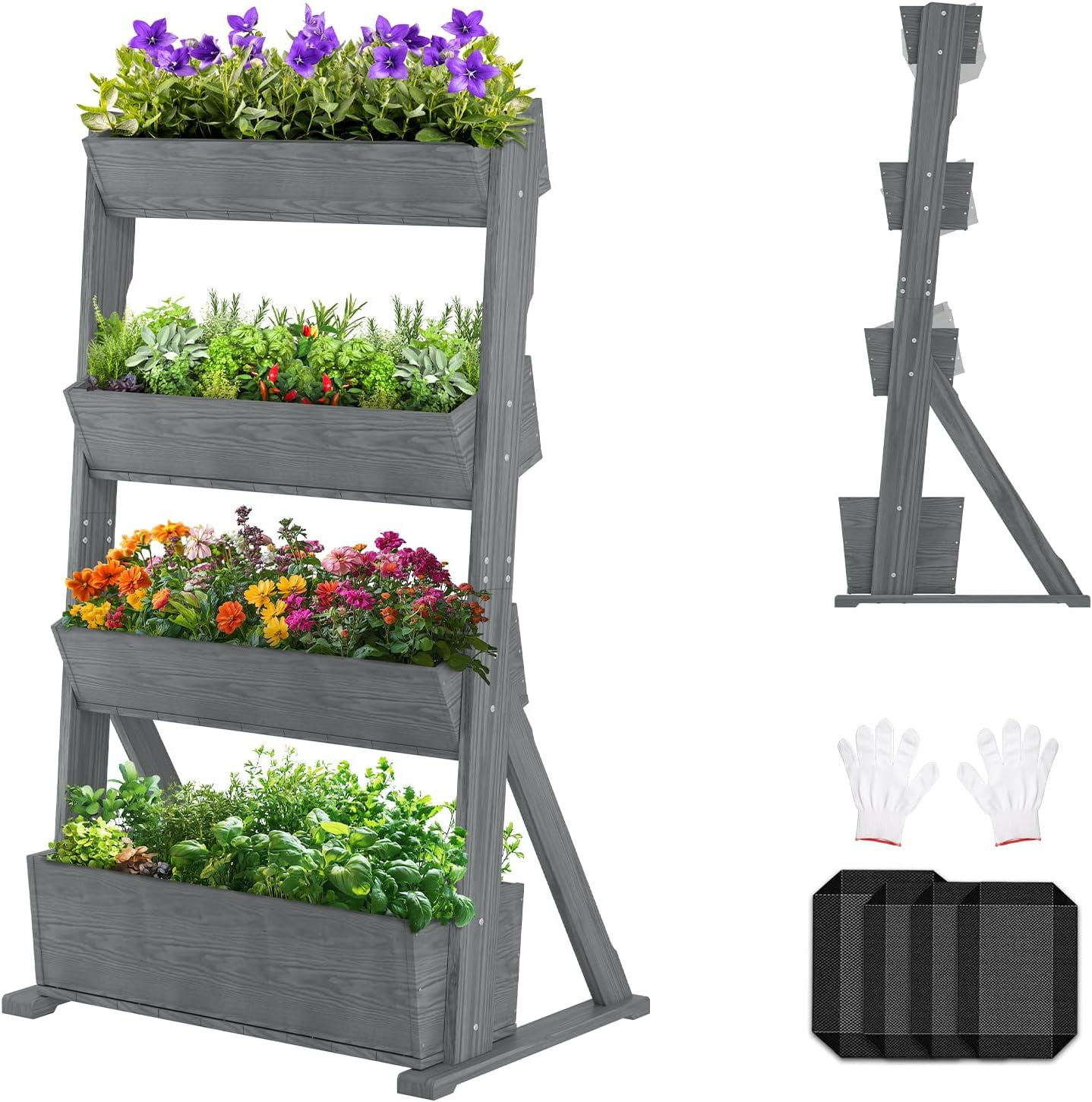 4 Tiers Vertical Raised Garden Bed Outdoor Planter Tower, Wooden ...