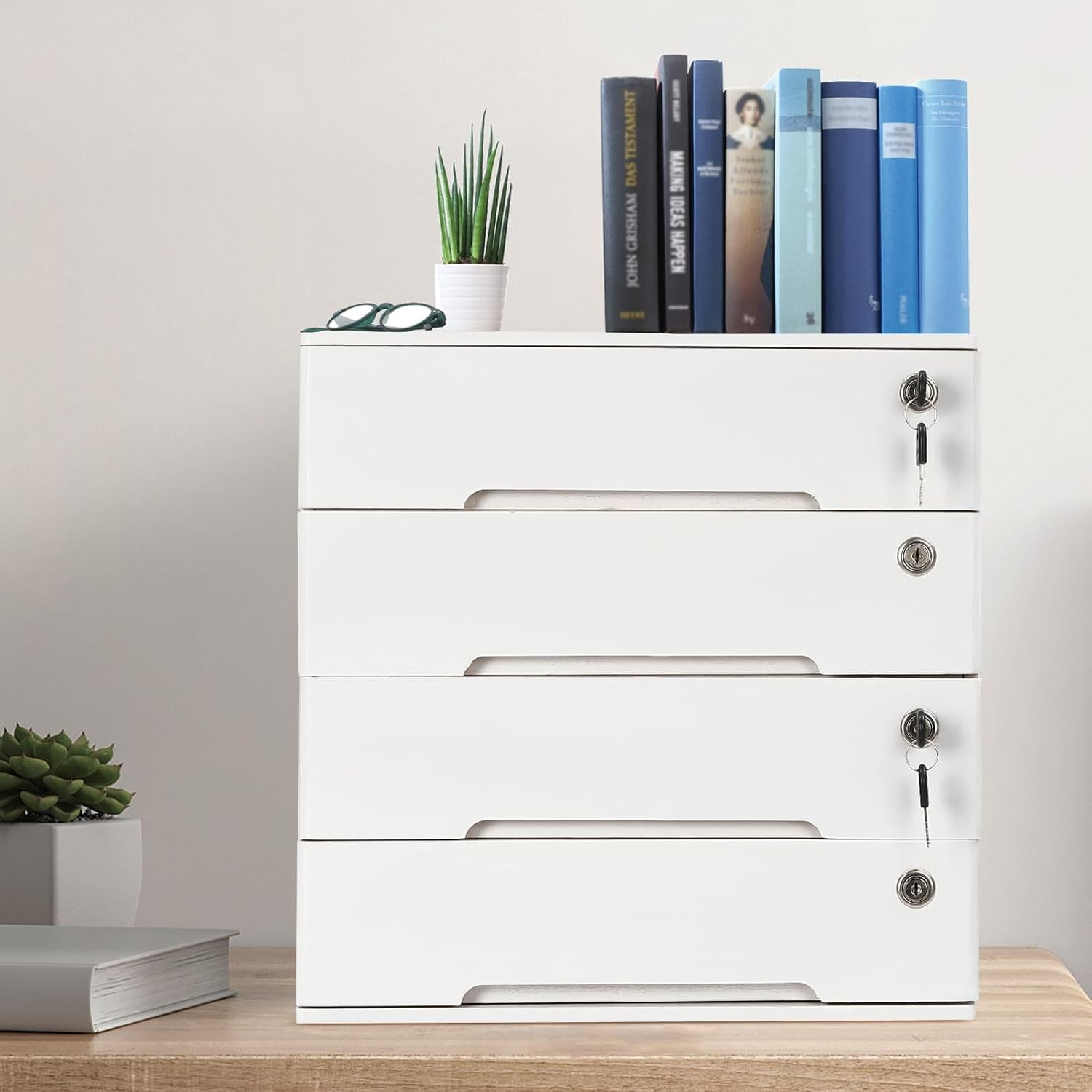 4-Tiers Wooden Desktop Storage Box with Lockable Drawers, Office ...