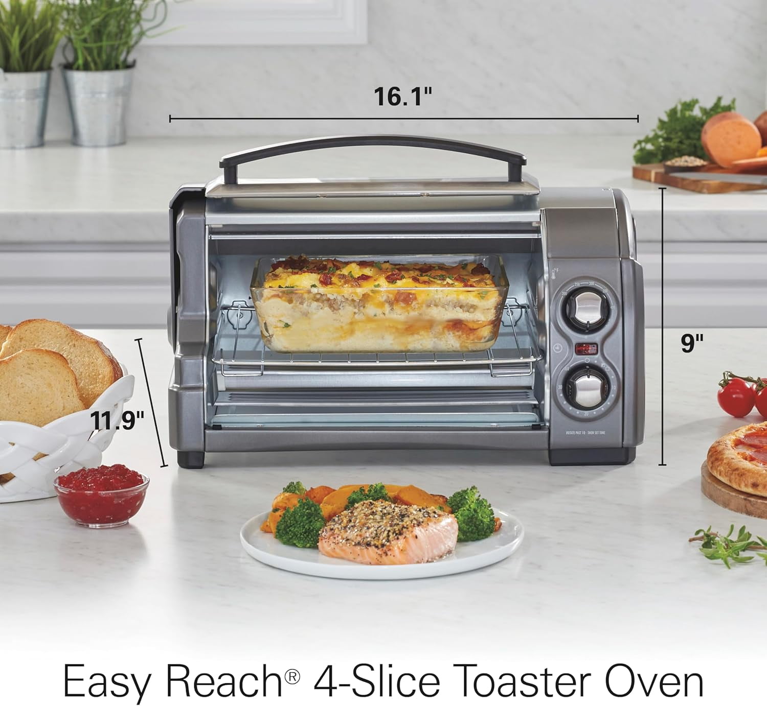 4- Toaster Oven with Roll-Top Door, 1200W, Fits 9" Pizza, Bake Broil ...
