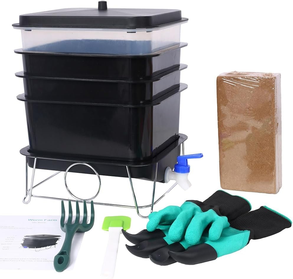 4-Tray Worm Compost Bin, Worm Farm Composting Bin Kit, Easy Setup Inclusive Worm Farm Kit for ...