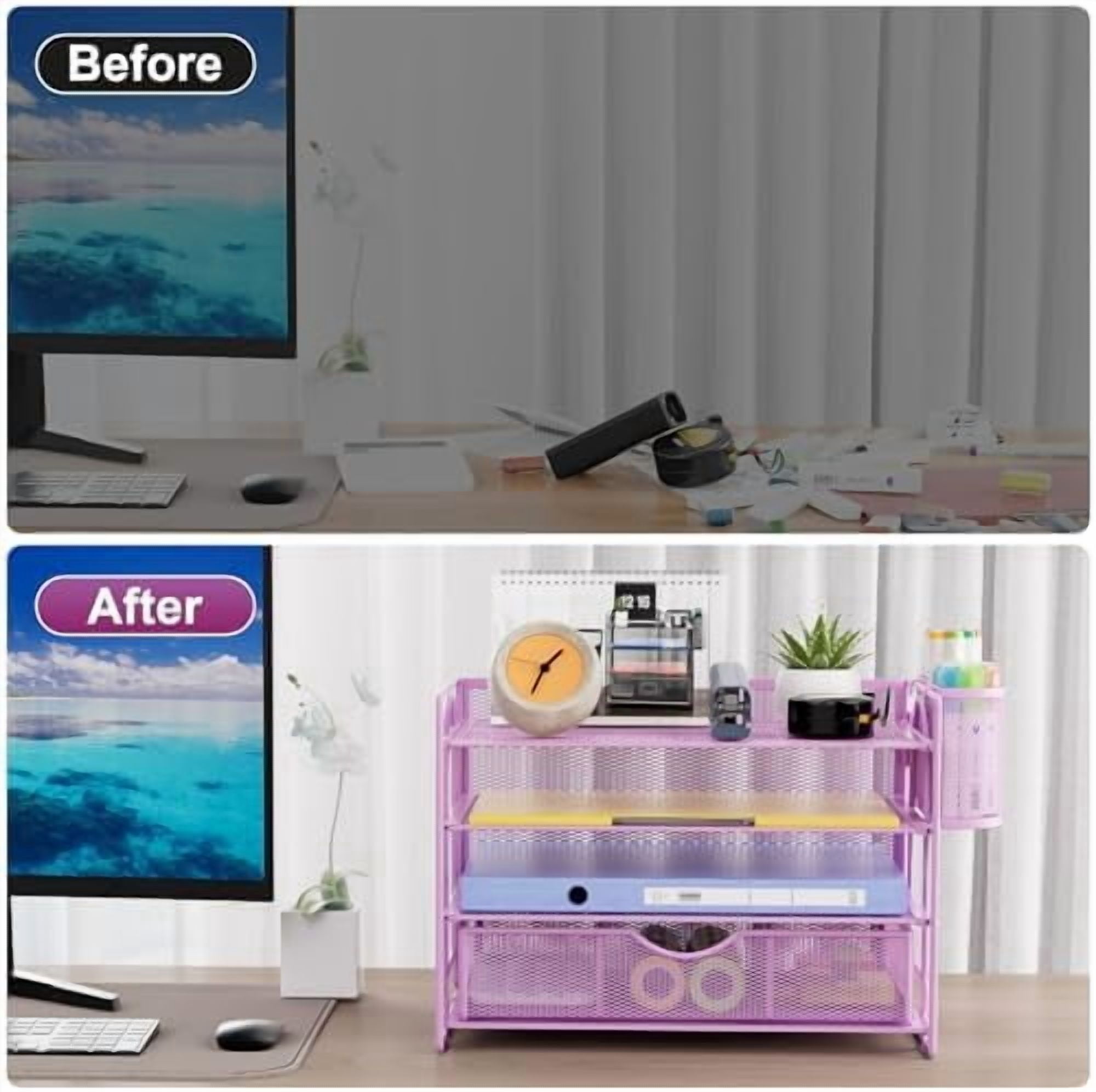 4-Trays Desk File Organizer with 2 Pen Holder, Desktop Hanging File ...