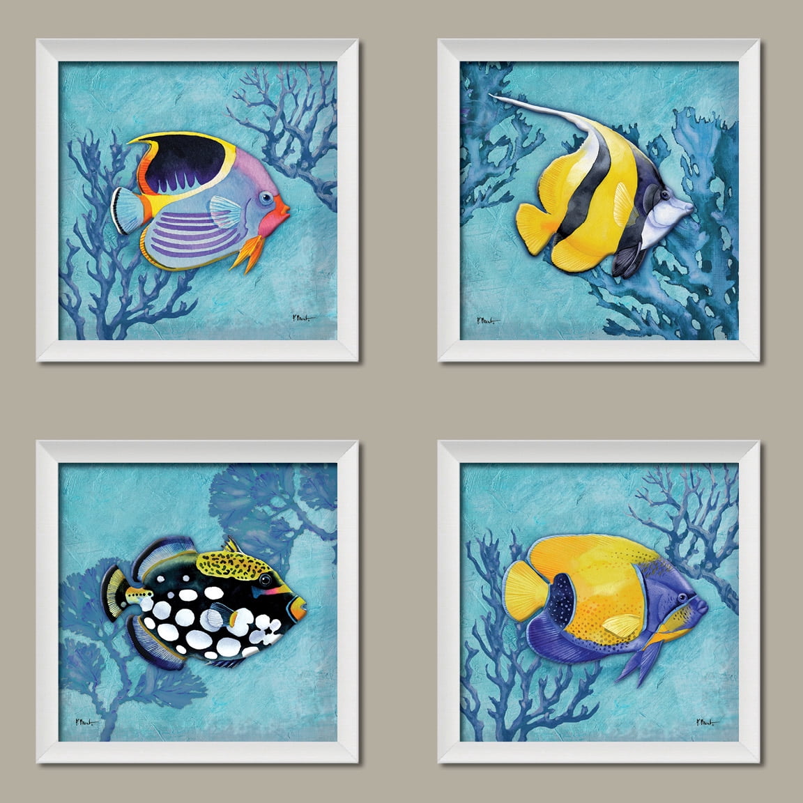 4 Tropical Teal Blue and Yellow Fish and Coral; Coastal Decor; Four ...