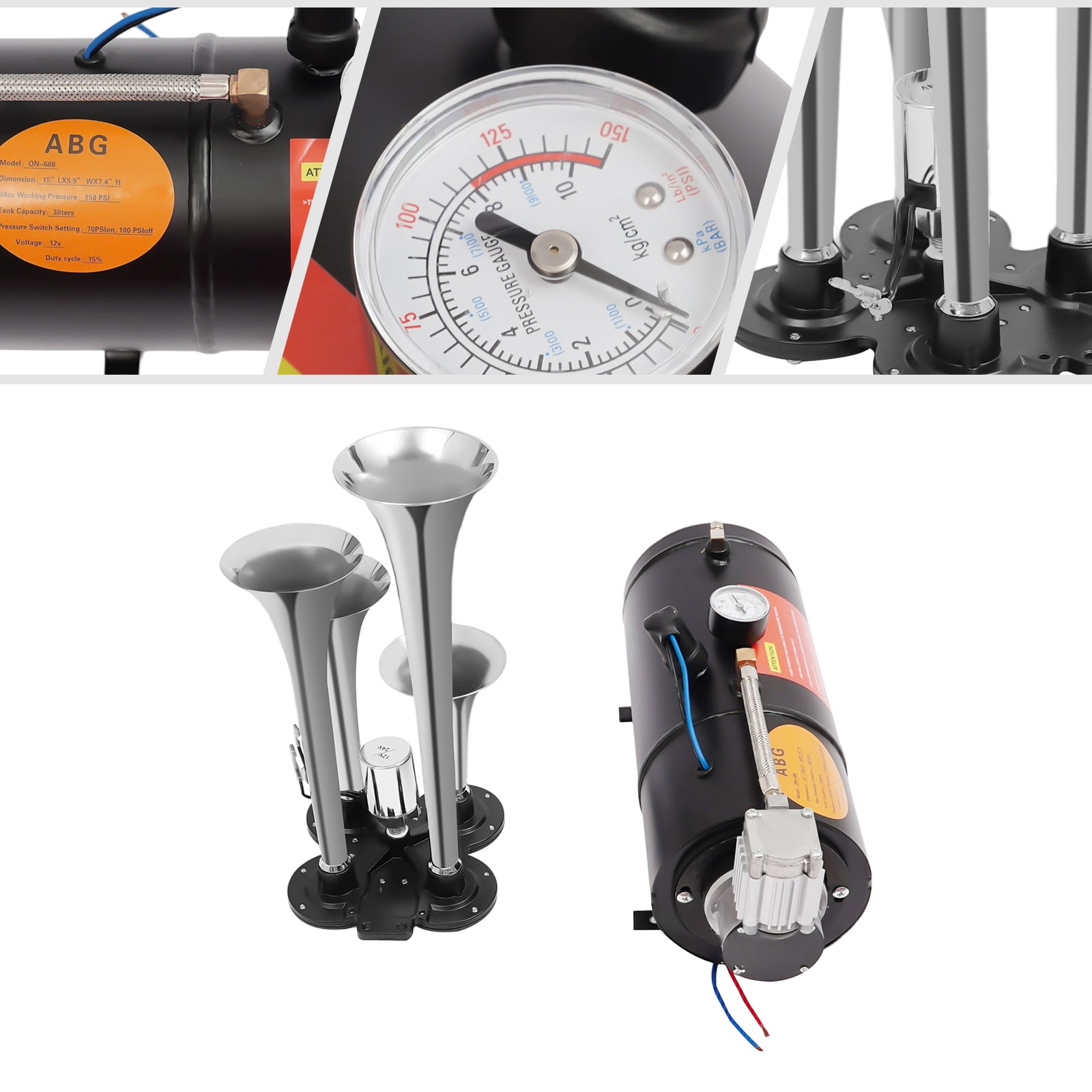 4 Trumpets Train Horn Kit with 150psi Air Compressor Black Silver For ...