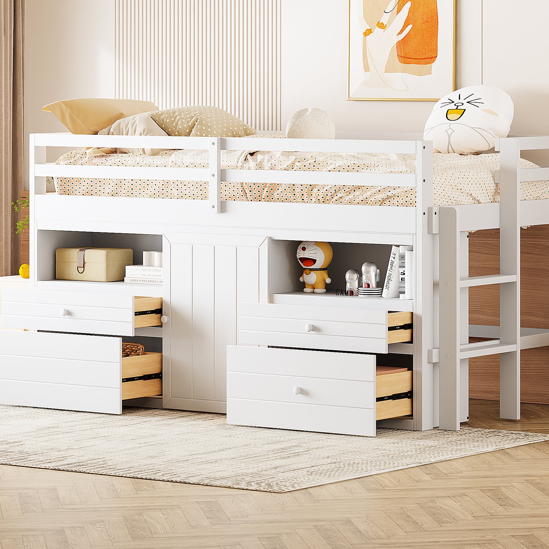 4 Twin Loft Bed In White With Shelves And Cabinet - Room Organizer 4 ...
