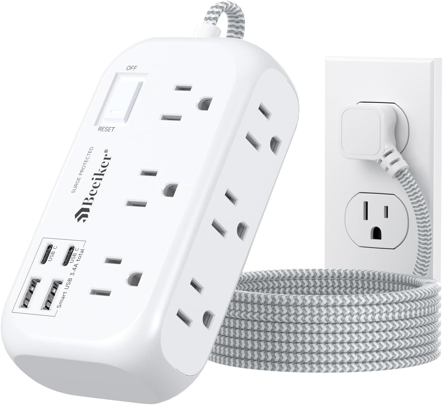 4 USB(2 USB C) Surge Protector Power Strip with Switch- 6 Ft Flat ...