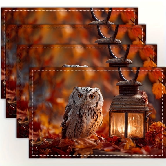 Of 4, Vintage Lantern Placemats Featuring Autumn Owl Design, Stylish ...