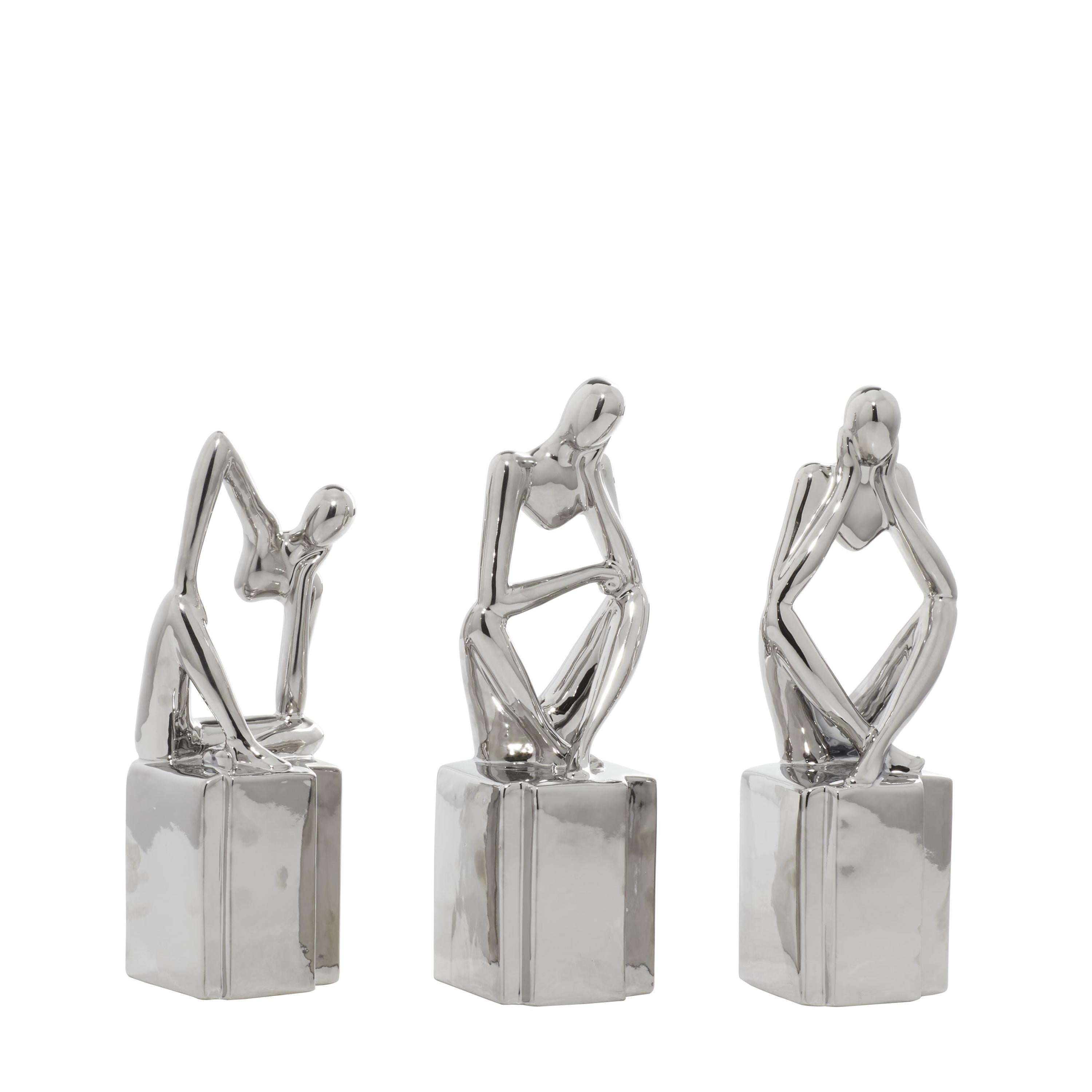 4"W, 13"H Silver Porcelain Ceramic Sitting Thinker People Sculpture, by ...