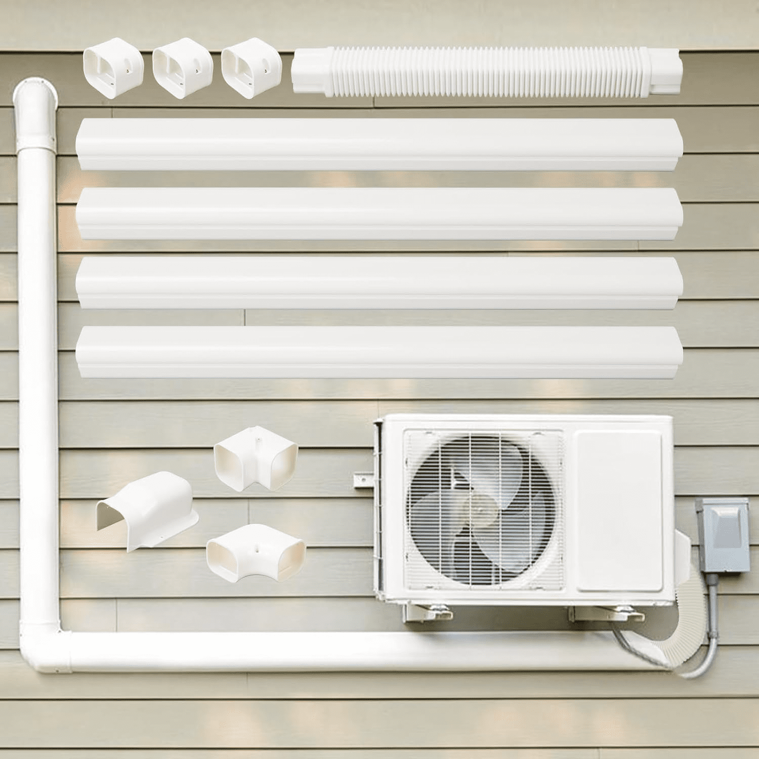 4" W 15.5Ft L Mini Split AC Line Cover Kit Decorative PVC Tubing Pipe ...