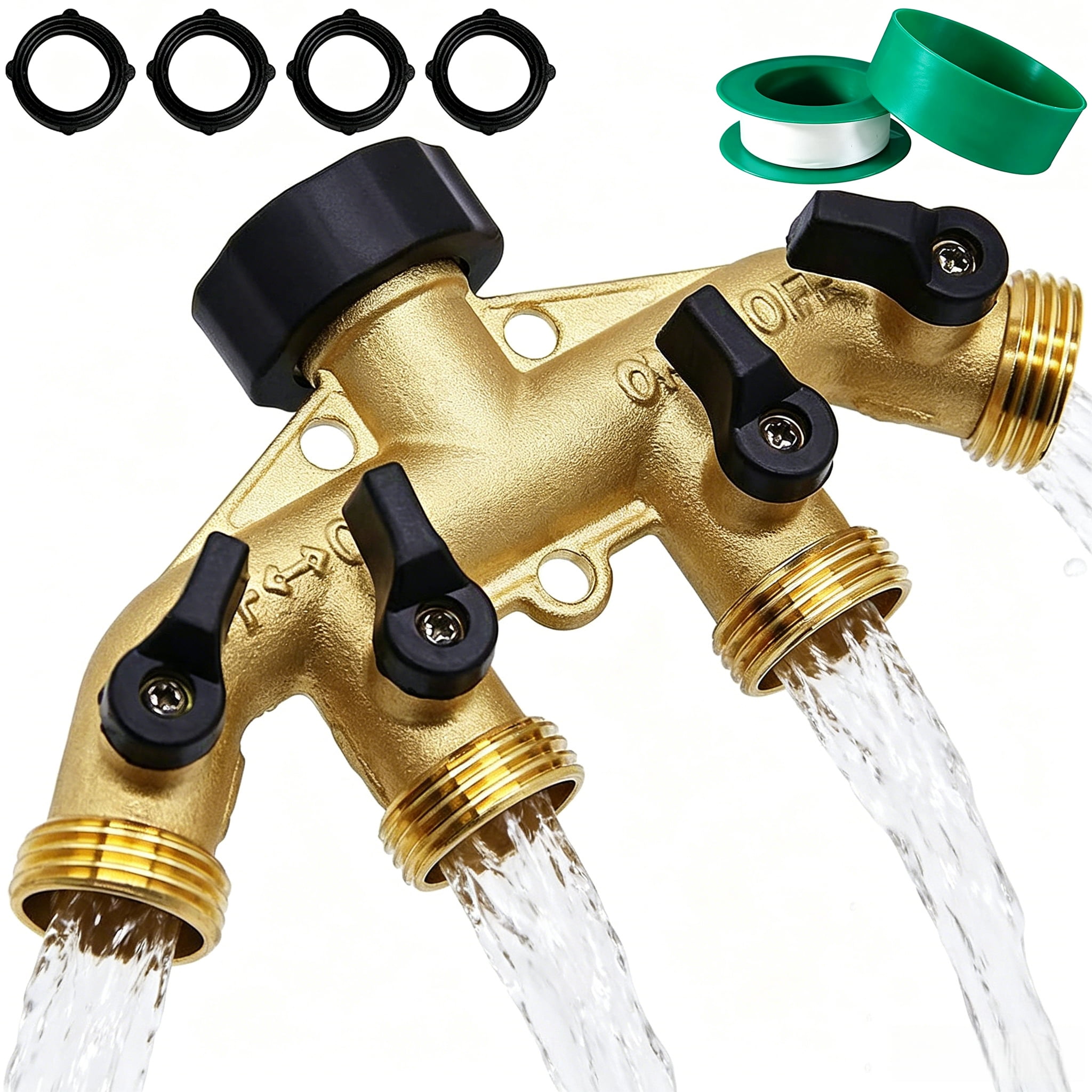 4-Way Brass Garden Hose Splitter, 3/4 inch Faucet Connector with Valves ...