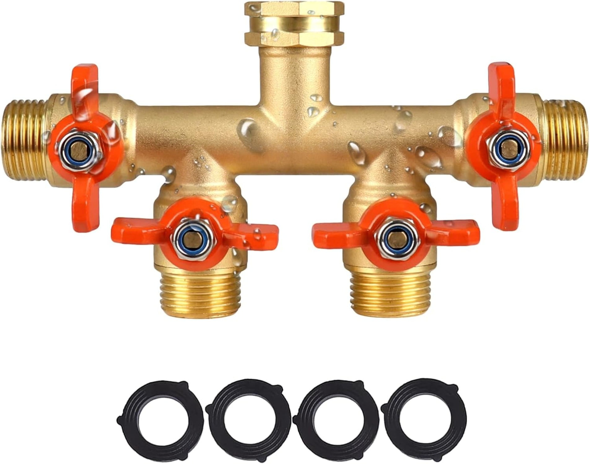 4 Way Brass Hose Splitter Full Flow with Metal Handle - Heavy Duty ...