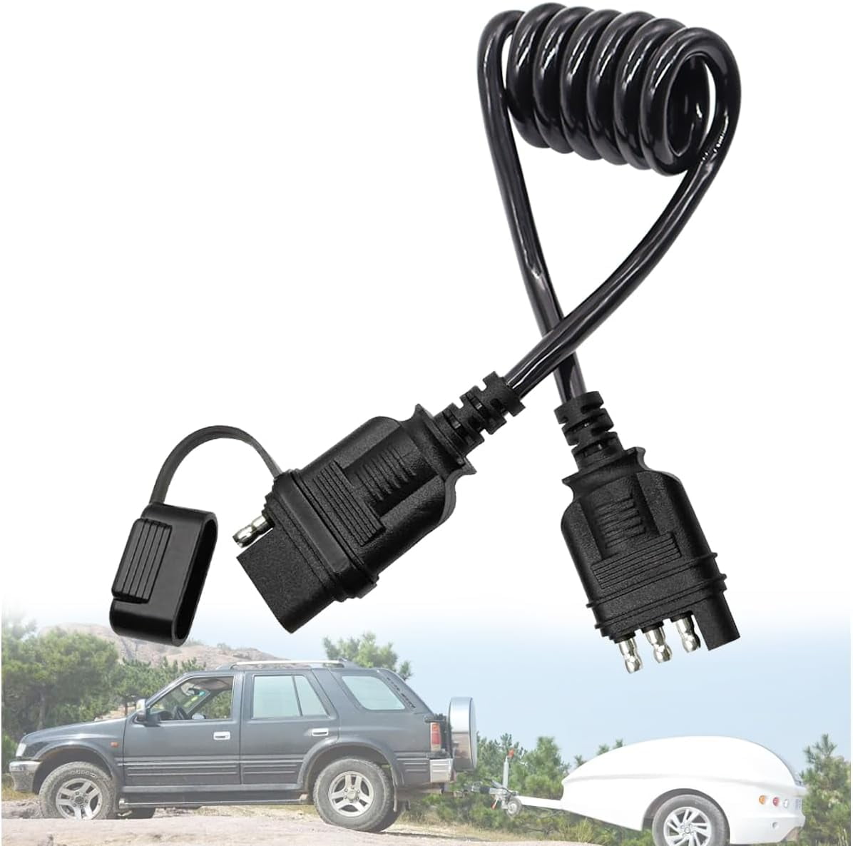 4-Way Flat Trailer Plug Extension Coiled Cable 36" 4 pin Male and ...