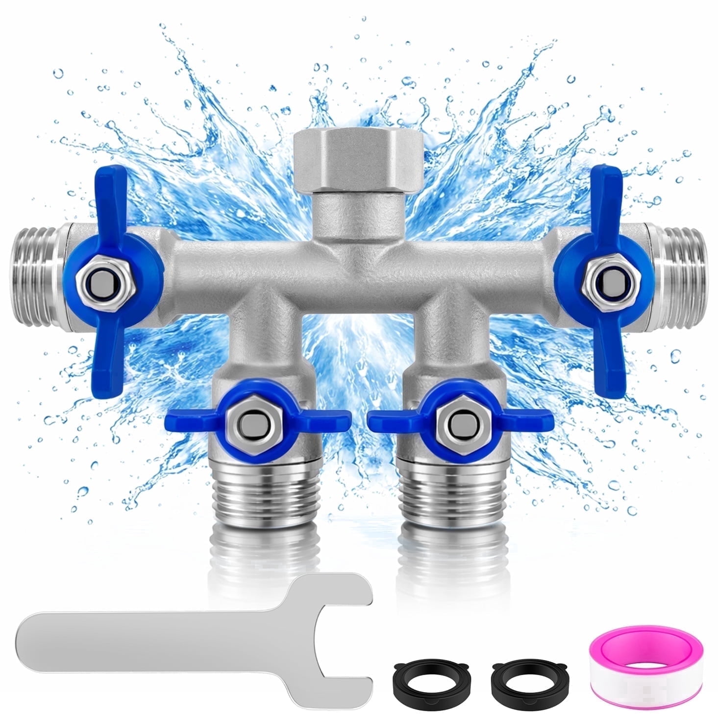4 Way Hose Splitter, 304 Stainless Steel Garden Hose Manifold with 4 ...