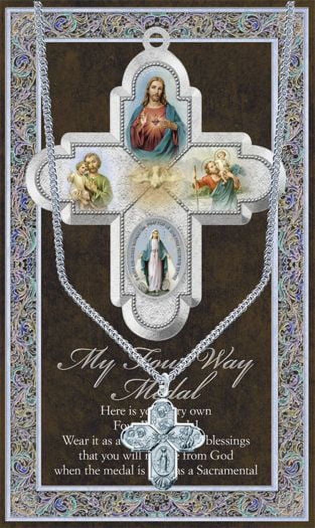 4-Way Pewter Medal Cross Pendant with Chain, St. Christopher ...