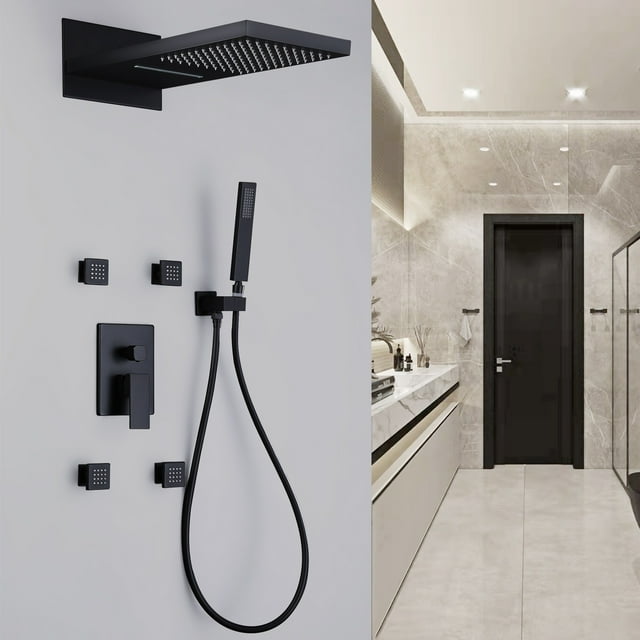 4-Way Pressure Balanced Complete Rain and Waterfall Shower System Black ...