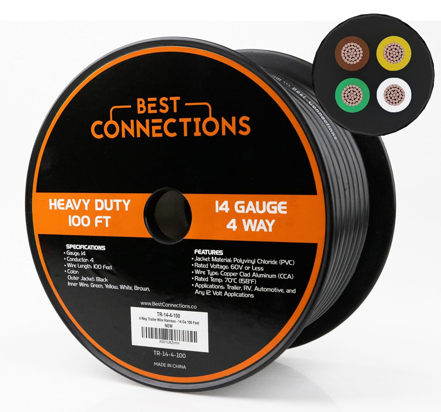 4 Way Trailer Wire (100 Feet) – Heavy Duty 14 Gau Conductor Insulated ...