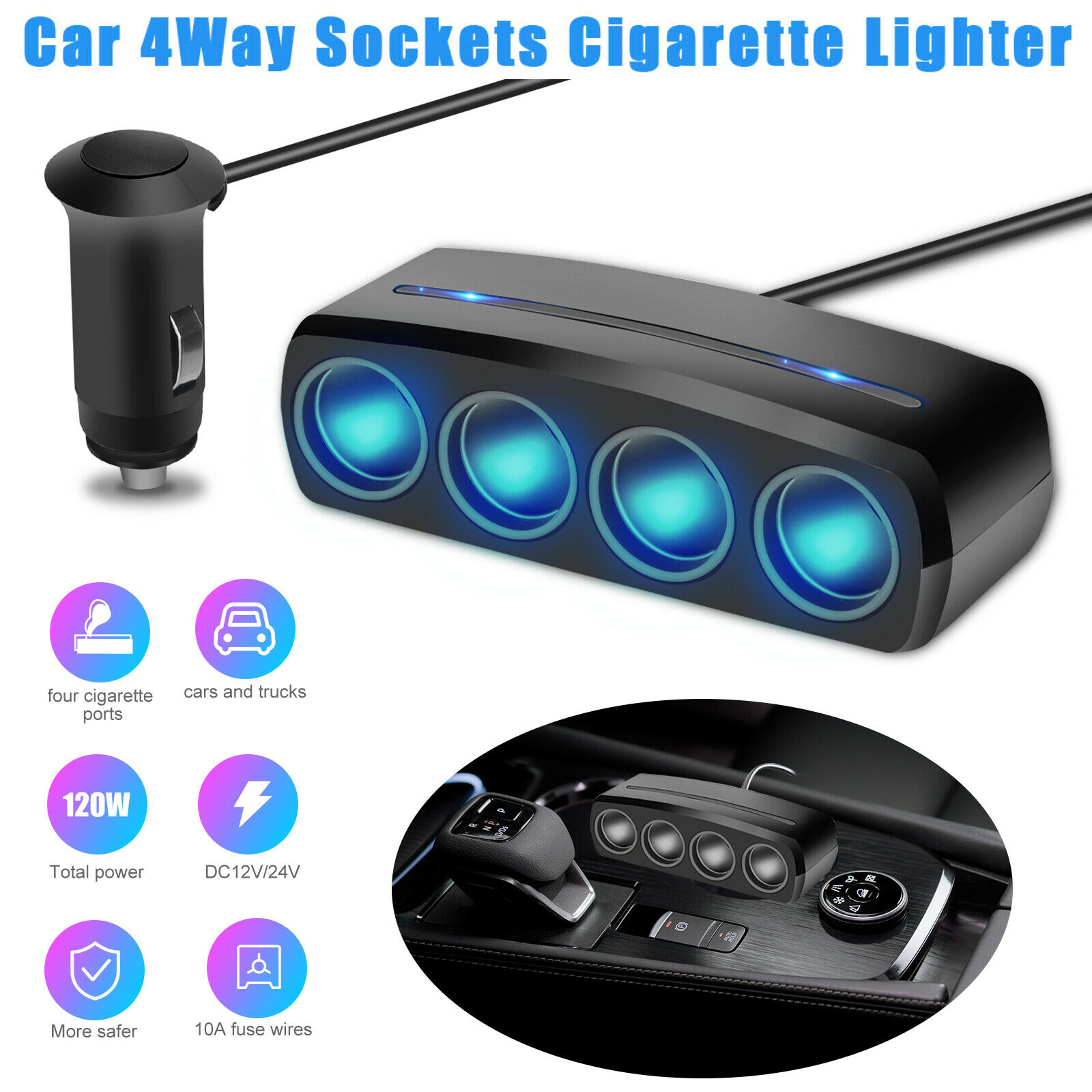 4 Ways Multi Socket Car Cigarette Lighter Splitter Power Adapter 12v ...