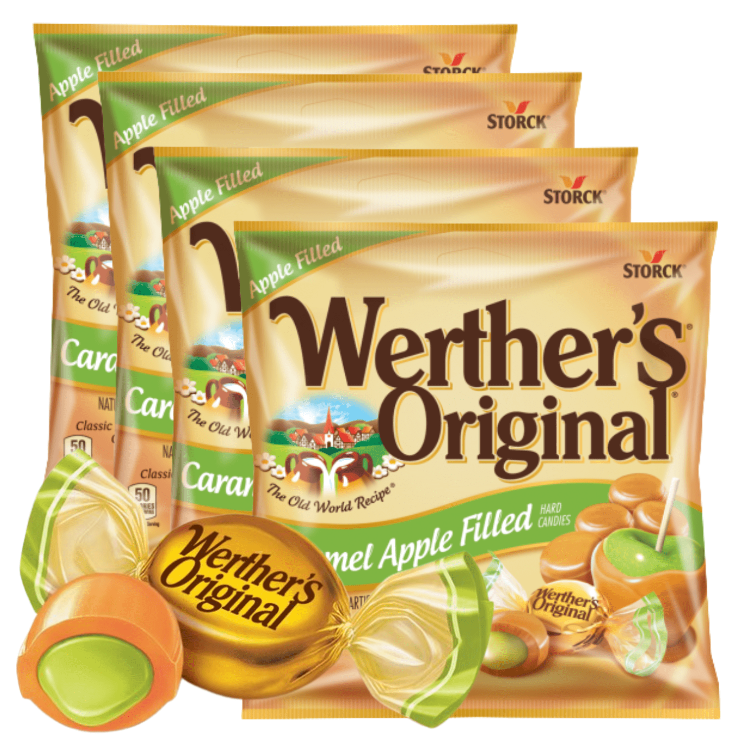 (4) Werther's Original Caramel Apple Filled Candy 2.22oz. Bag Hard ...