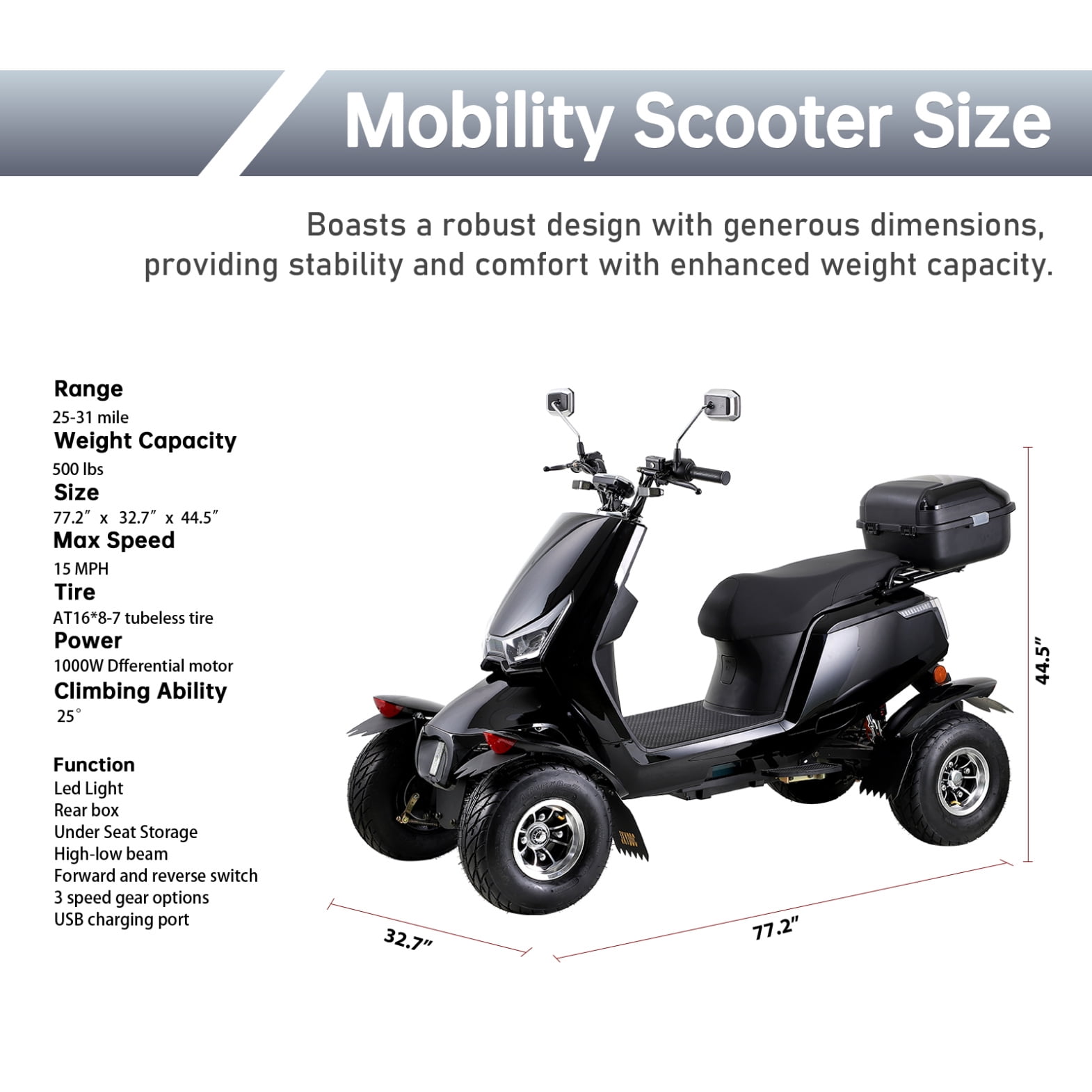 4 Wheel Electric Mobility Scooter for Seniors and Adults, Portable ...