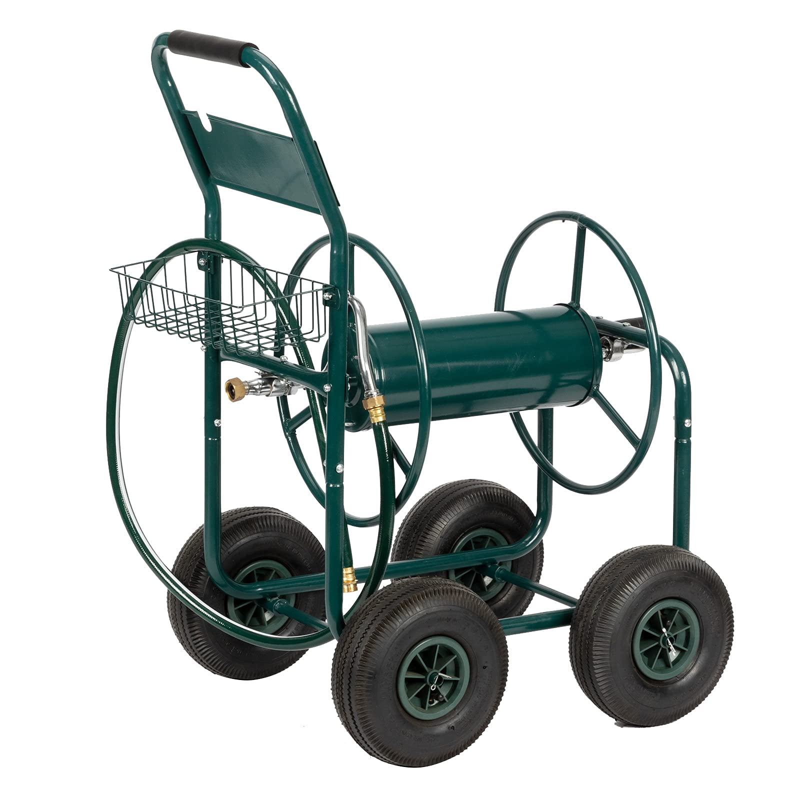 4-Wheel Garden Hose Reel Cart with Storage Basket, Portable Residential ...