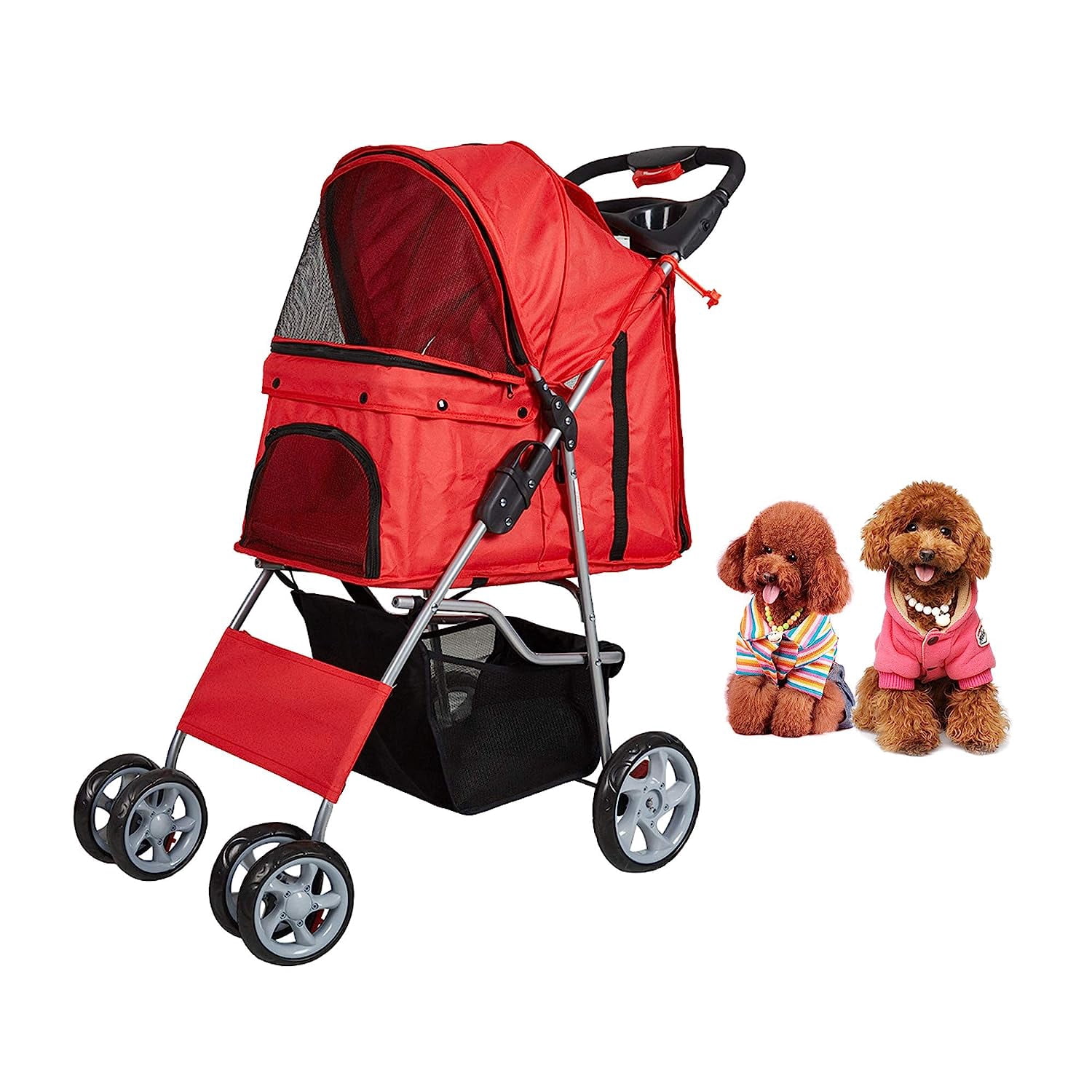 4 Wheel Pet Stroller Folding Carrier City Walk Strolling Cart for Dog ...