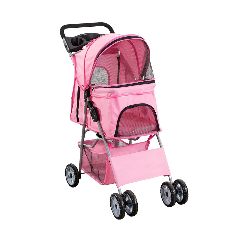 4 Wheel Pet Stroller, Foldable Carrier Strolling Cart, Portable Pets ...