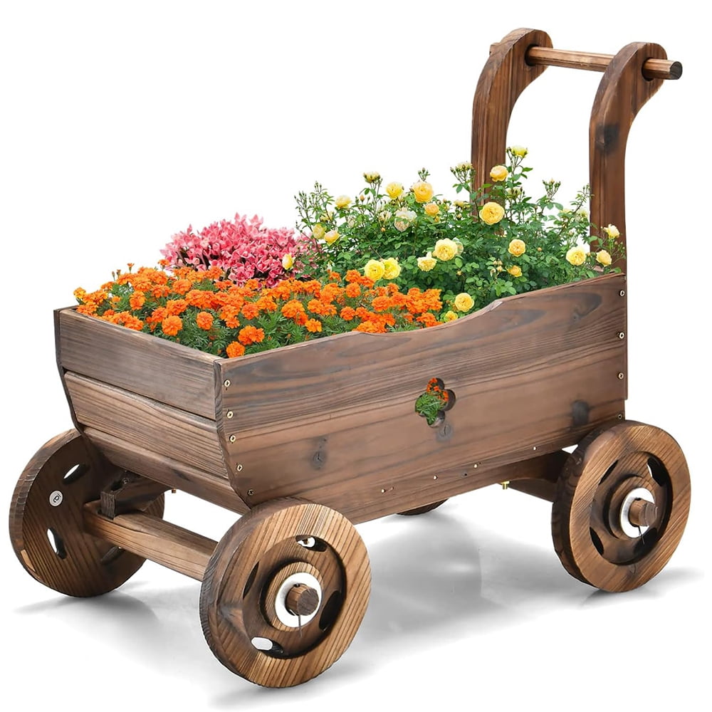 4-Wheel Wood Garden Wagon Decor, Wagon Flower Planter Cart, Movable ...