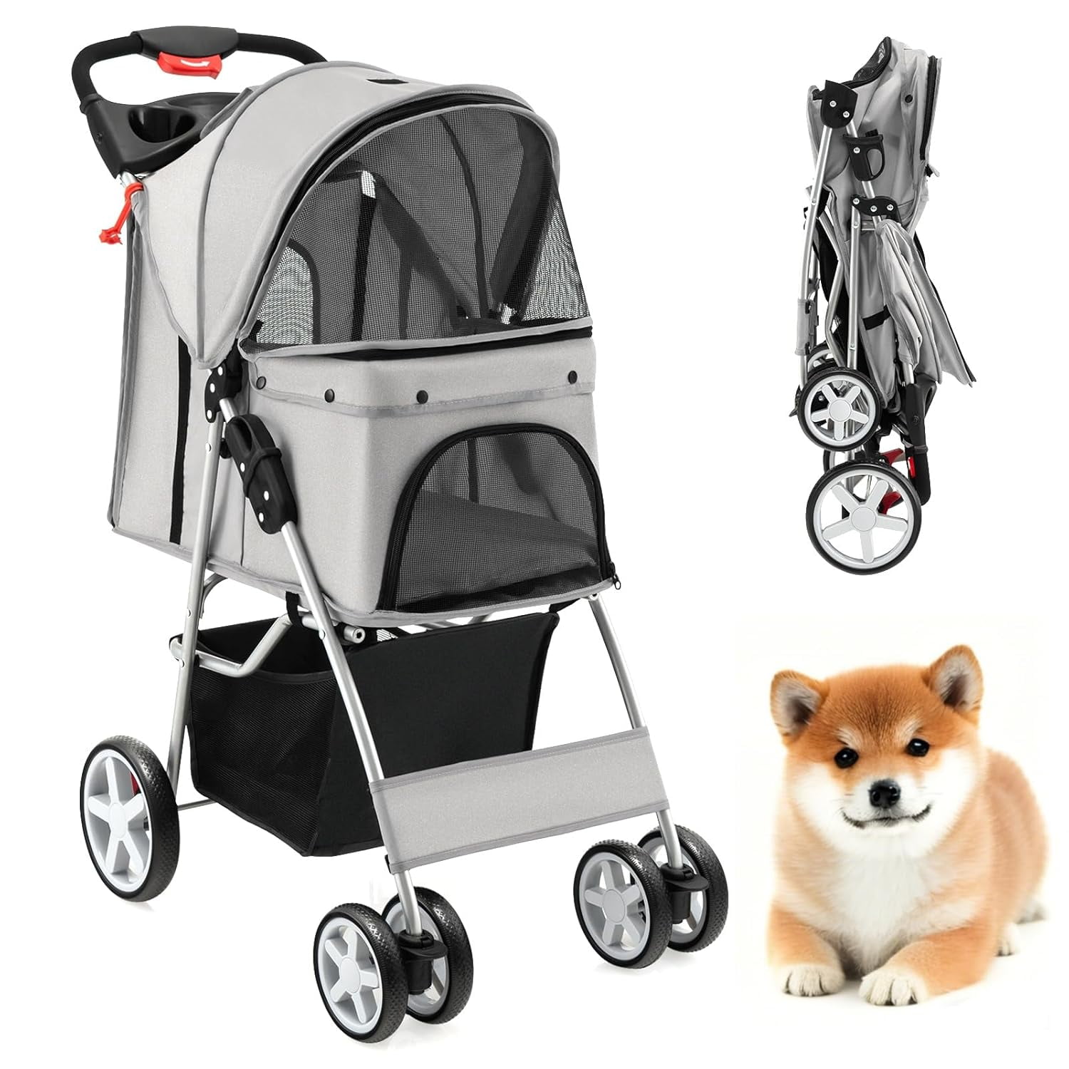 4 Wheels Dog Stroller, Foldable Pet Stroller for Small/Medium Dogs Cats, Cat Carrier with ...