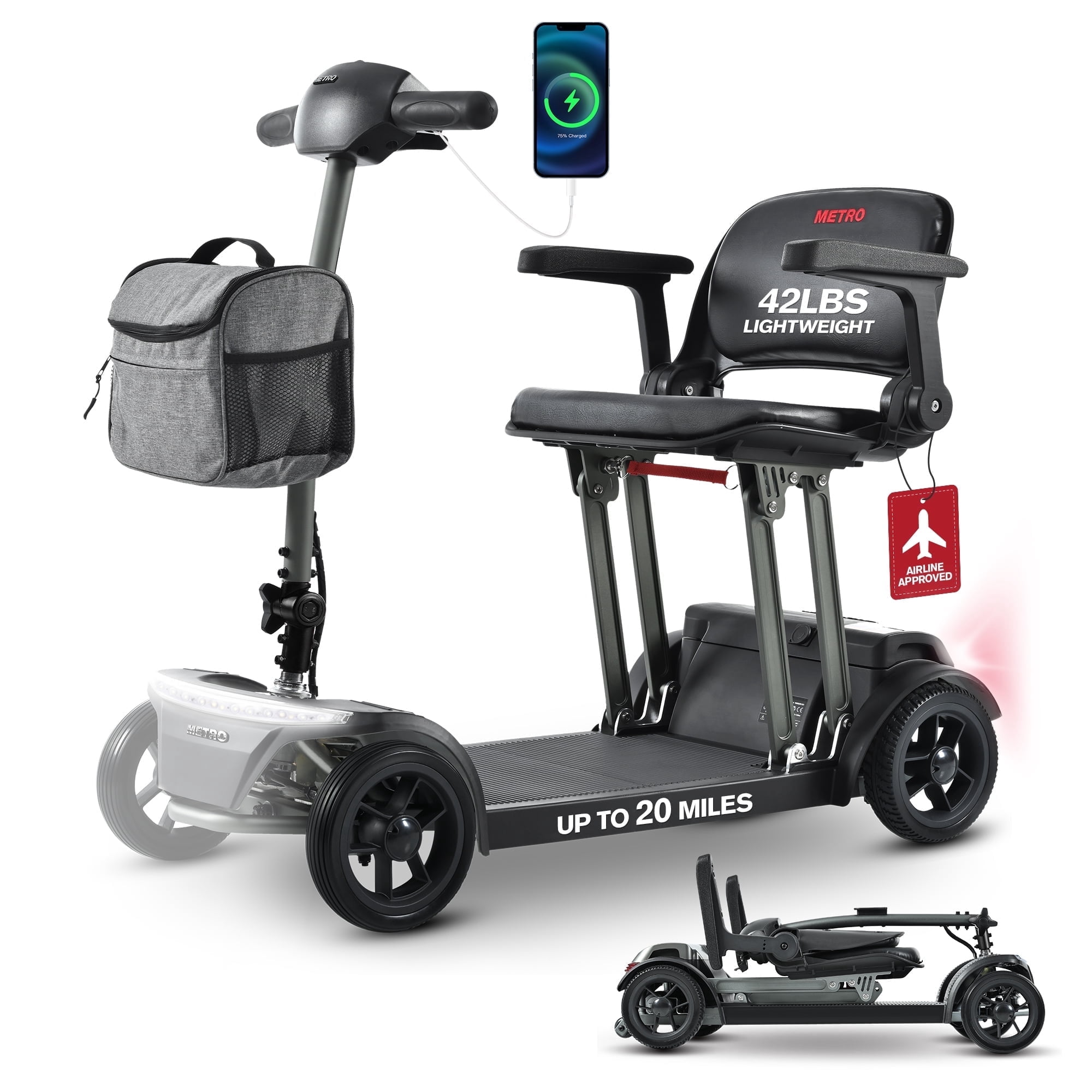 4 Wheels Mobility Scooter with LED Headlights and Basket,Foldable ...