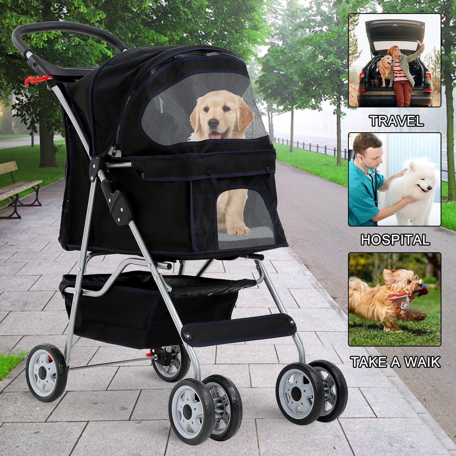NiamVelo 4-Wheel Detachable Dog and Cat Stroller, Foldable with Storage ...