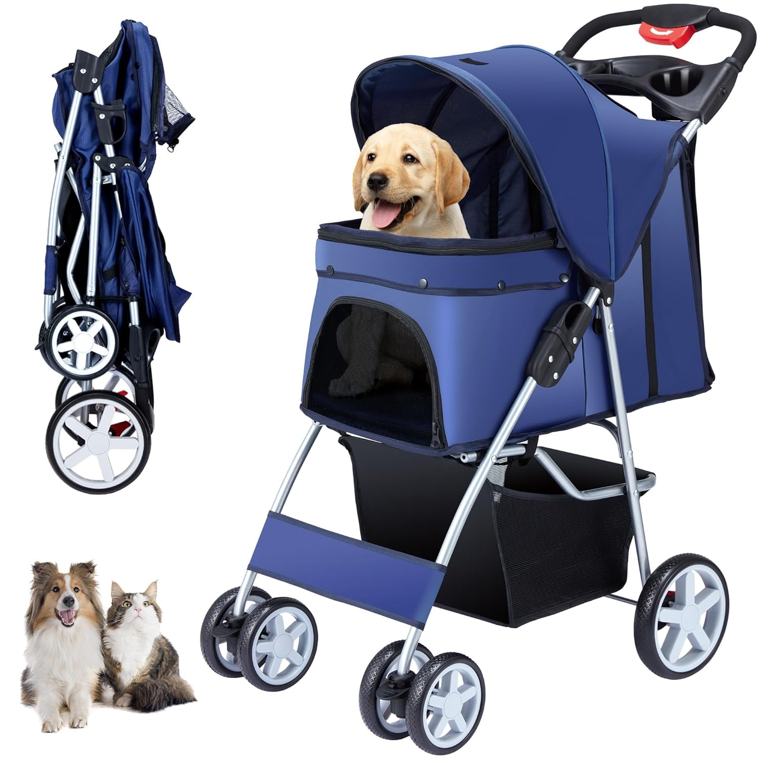 4 Wheels Pet Stroller for Small Medium Dogs Cats 33 lbs, Breathable ...