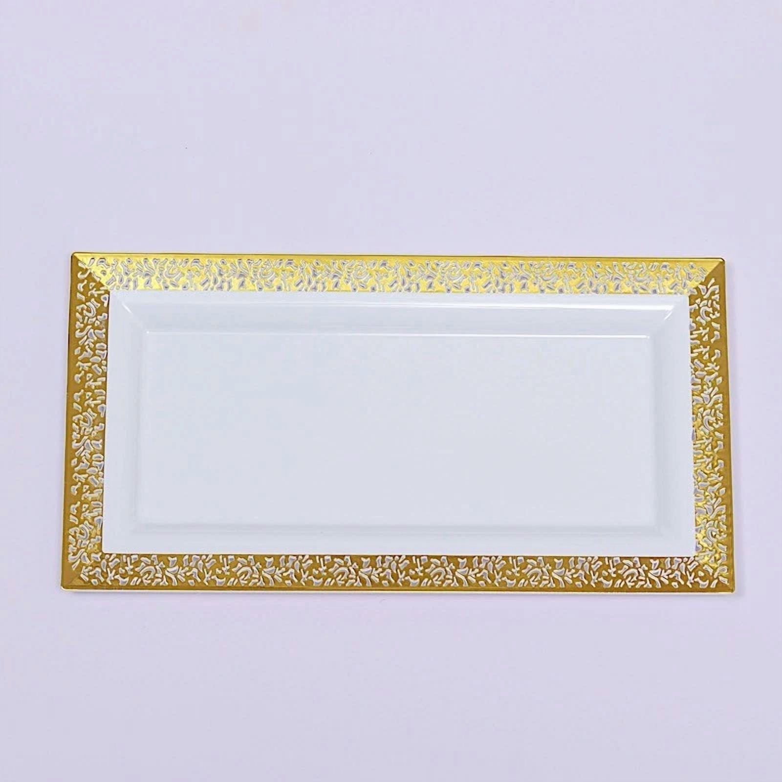 4 White 14" Rectangle Serving Trays With Metallic Gold Lace Design ...