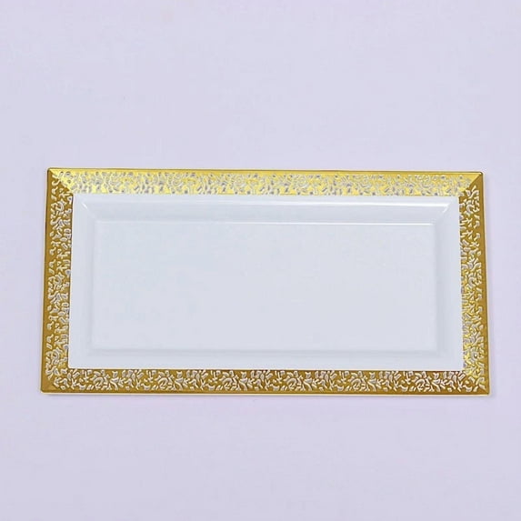 4 White 14" Rectangle Serving Trays With Metallic Gold Lace Design ...