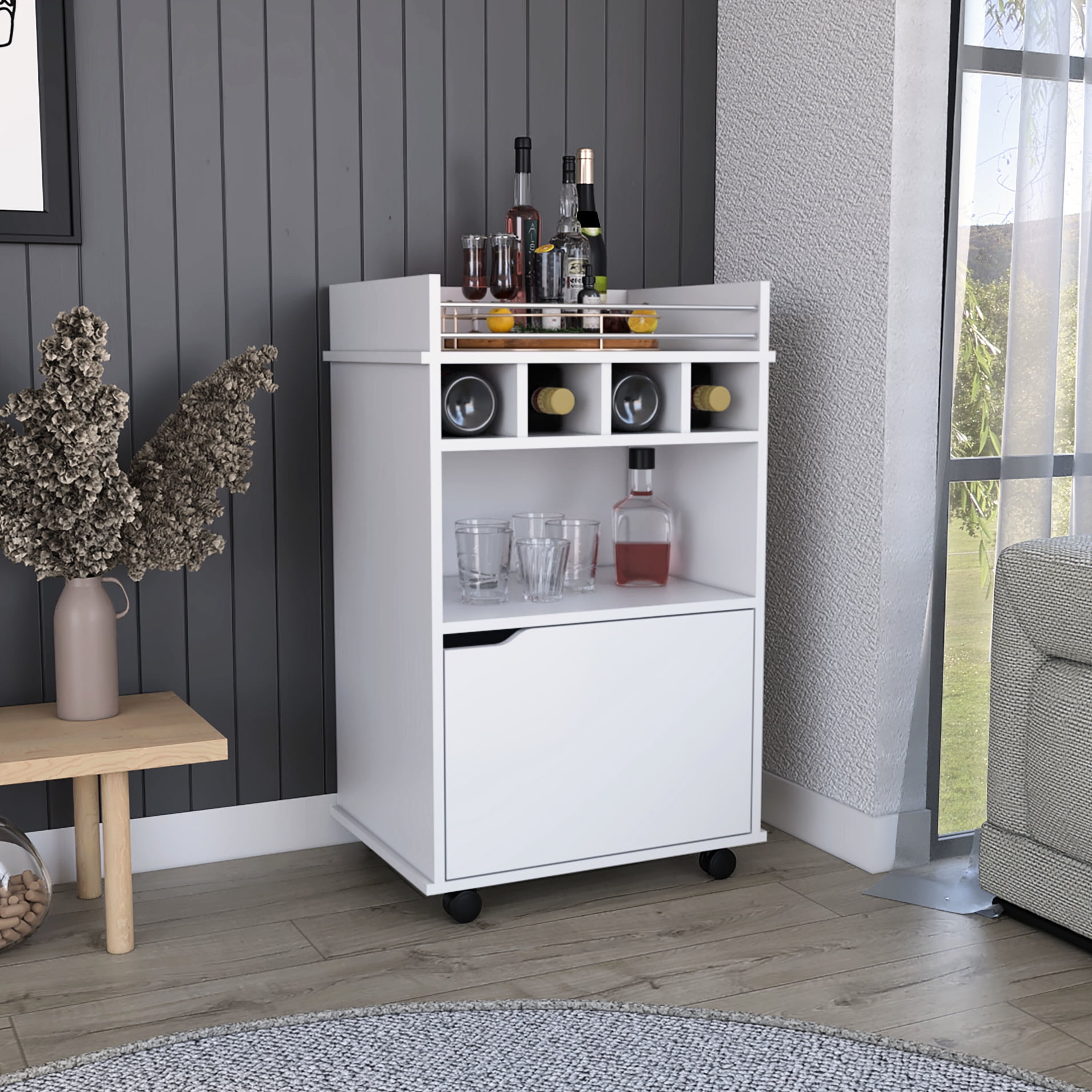 4 White Living Area Bar Cart With 2 Open Shelves And Cabinet For ...