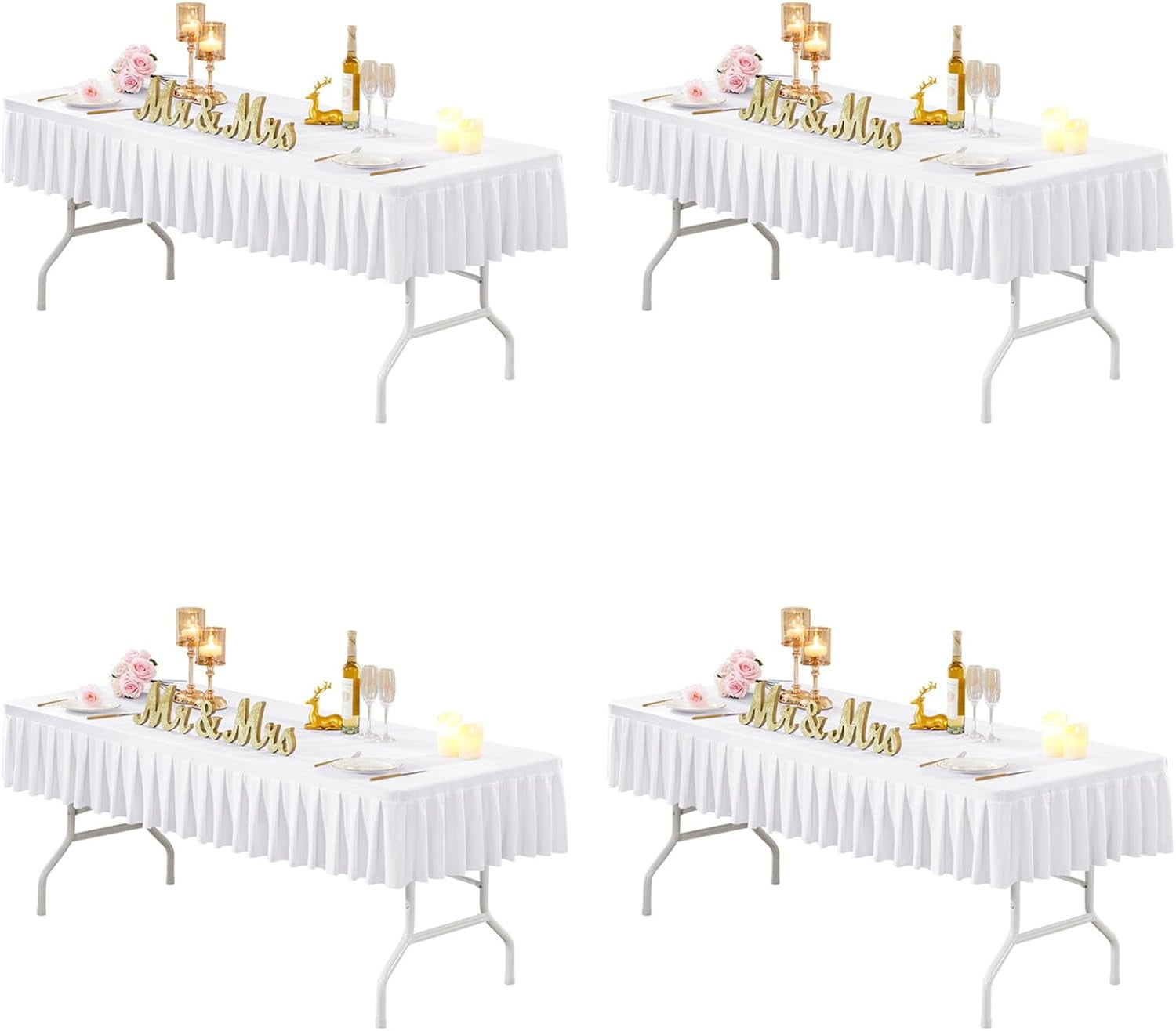 4 White Tablecloths for 6 Foot Rectangle Tables with Pleated Skirt ...