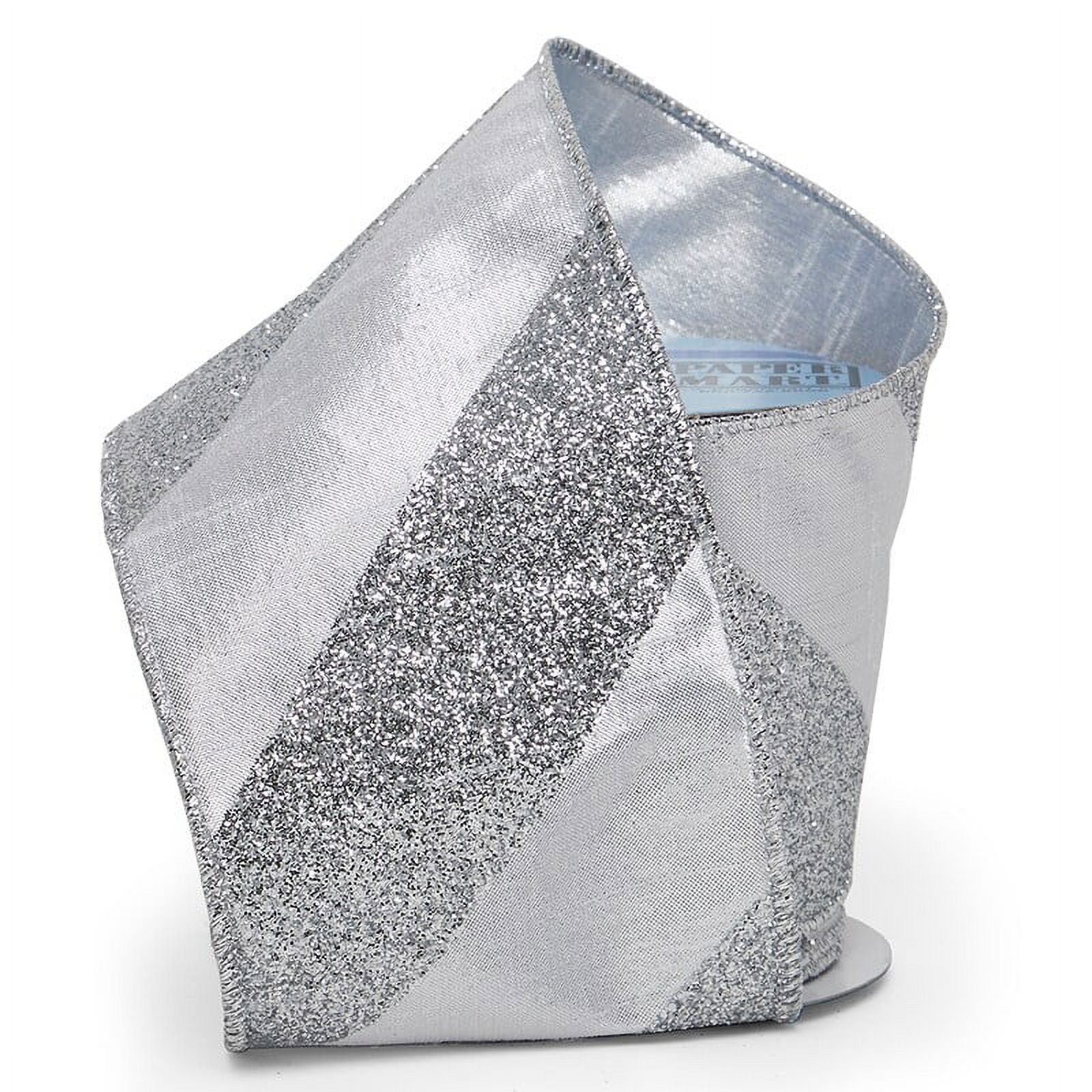 4" X 10 Yards Diagonal Stripes On Wired Ribbon,Silver, Roll 1 by Paper ...