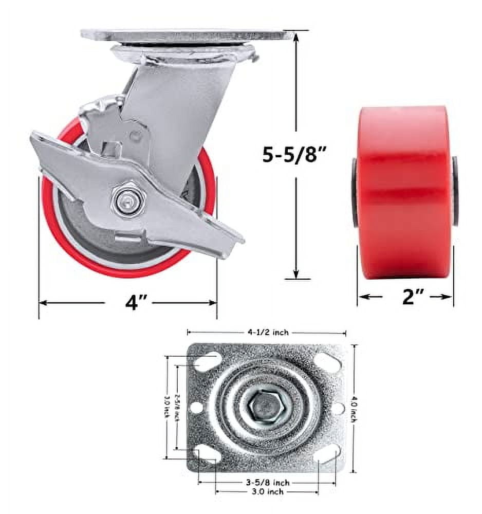 4"X 2" Heavy Duty Casters - Industrial Casters Polyurethane Caster with ...