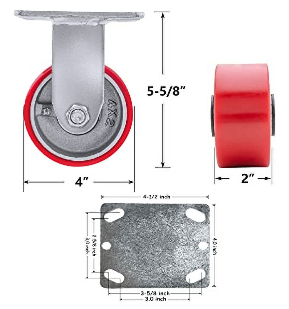 4"X 2" Heavy Duty Casters - Industrial Casters Polyurethane Caster with ...