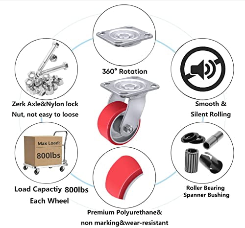 4"X 2" Heavy Duty Casters - Industrial Casters Polyurethane Caster with ...