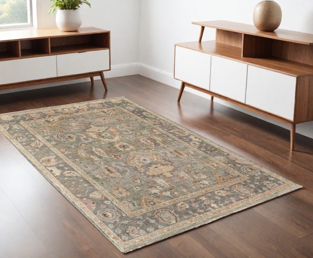 4' X 6' Gray and Gold Wool Oriental Hand Knotted Area Rug With Fringe ...