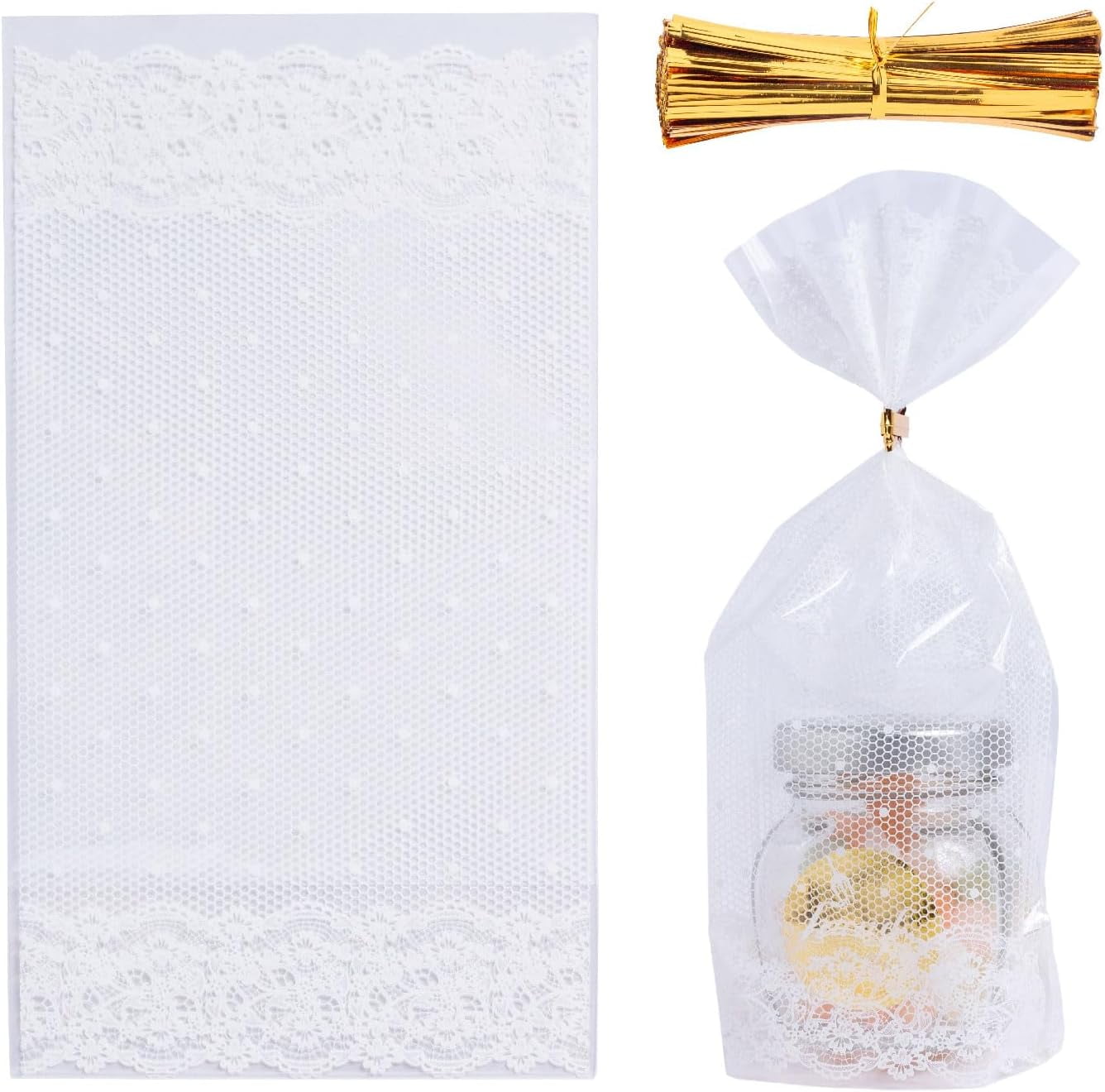 4"X7.1" 200PCS Clear Bottom Gusset Cellophane Candy Bags-White Lace ...
