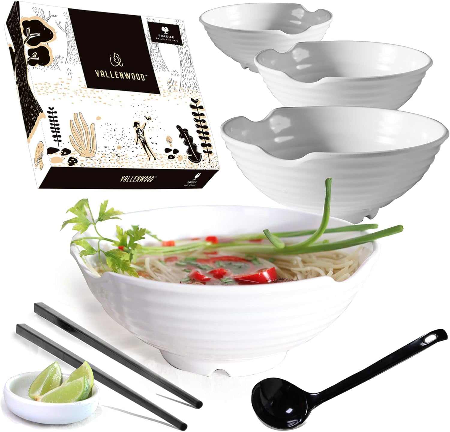 4 XL White Pho Bowls Set 16-Piece Pho Bowl Set for Asian Noodle Dishes ...