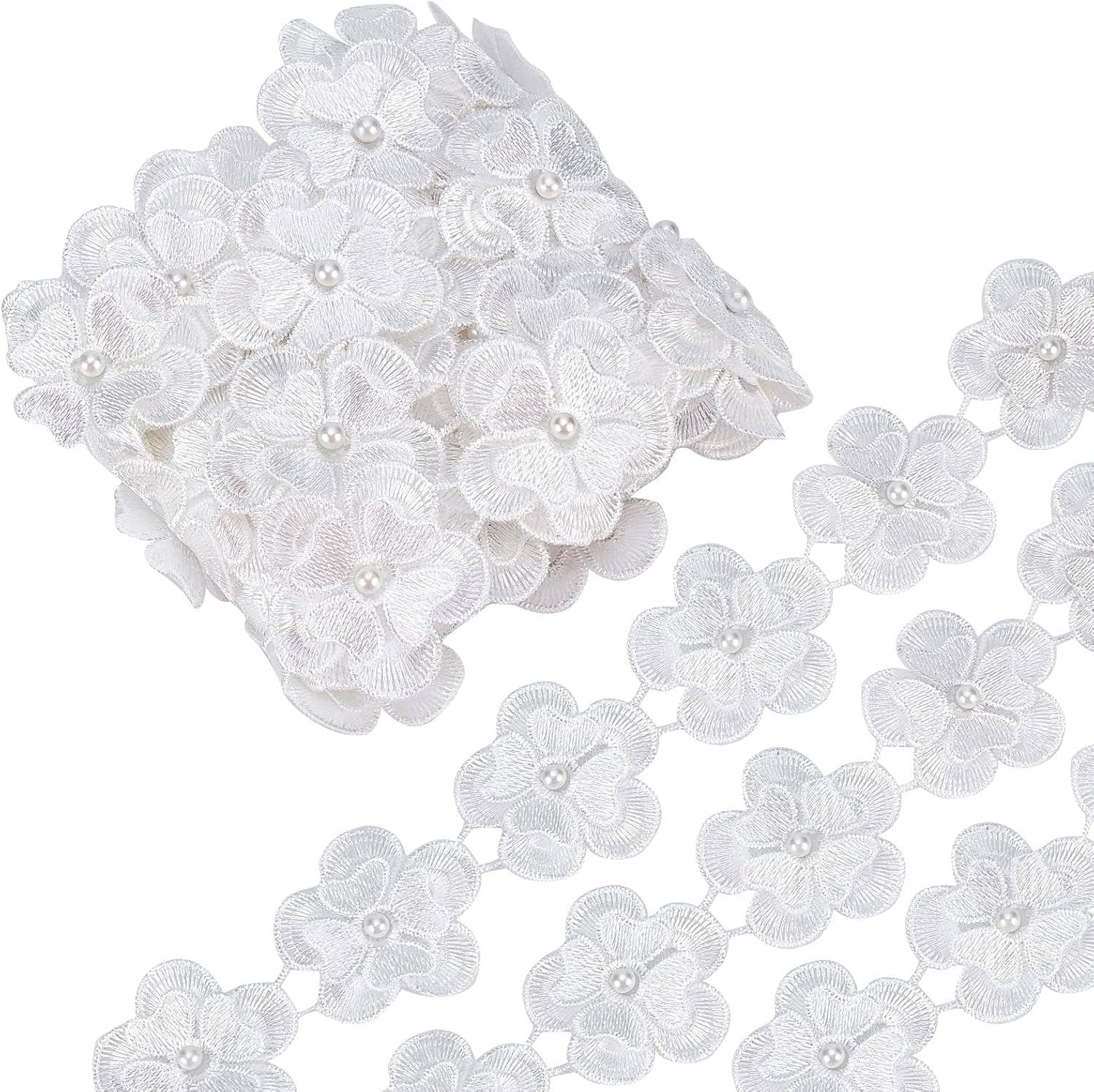 4 Yard 3D Flower Lace Edge Trim Ribbon Pearl Beads Edging Trimmings ...