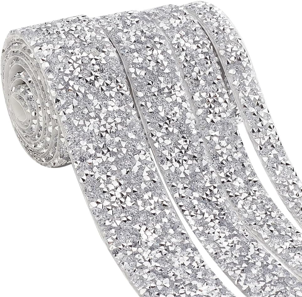 4 Yards 4 Sizes Resin Rhinestone Ribbons Silver Self-Adhesive Ribbon ...