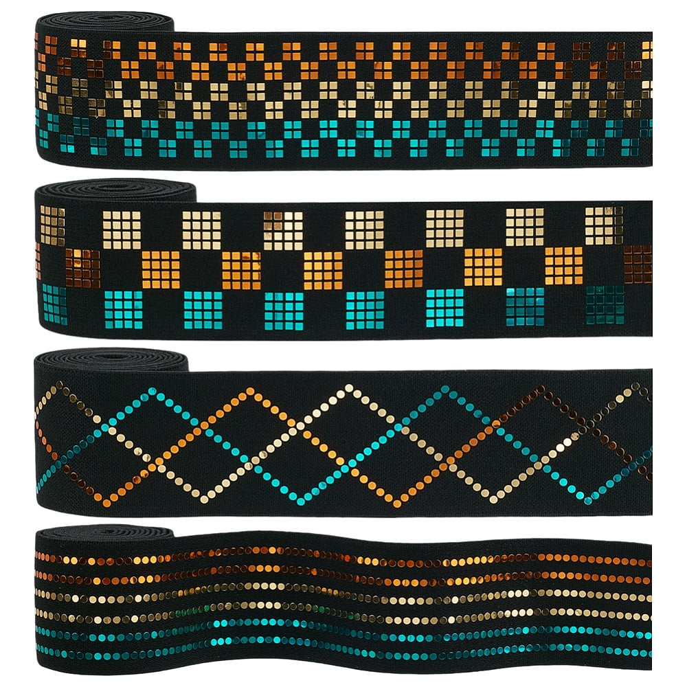 4 Yards 4 Styles Flat Polyester Elastic Cord with Laser Tartan/Stripe ...