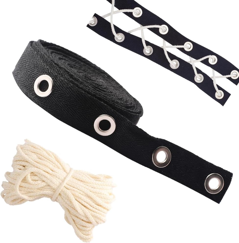 4 Yards Black Cotton Ribbons with Platinum Tone Eyelet Rings for ...