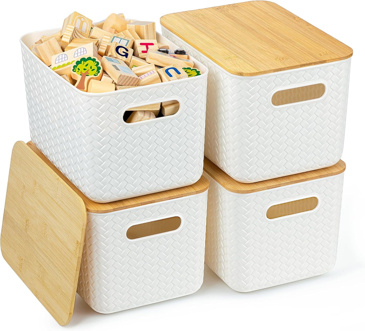 4 bags of storage boxes with bamboo lids - plastic storage containers ...