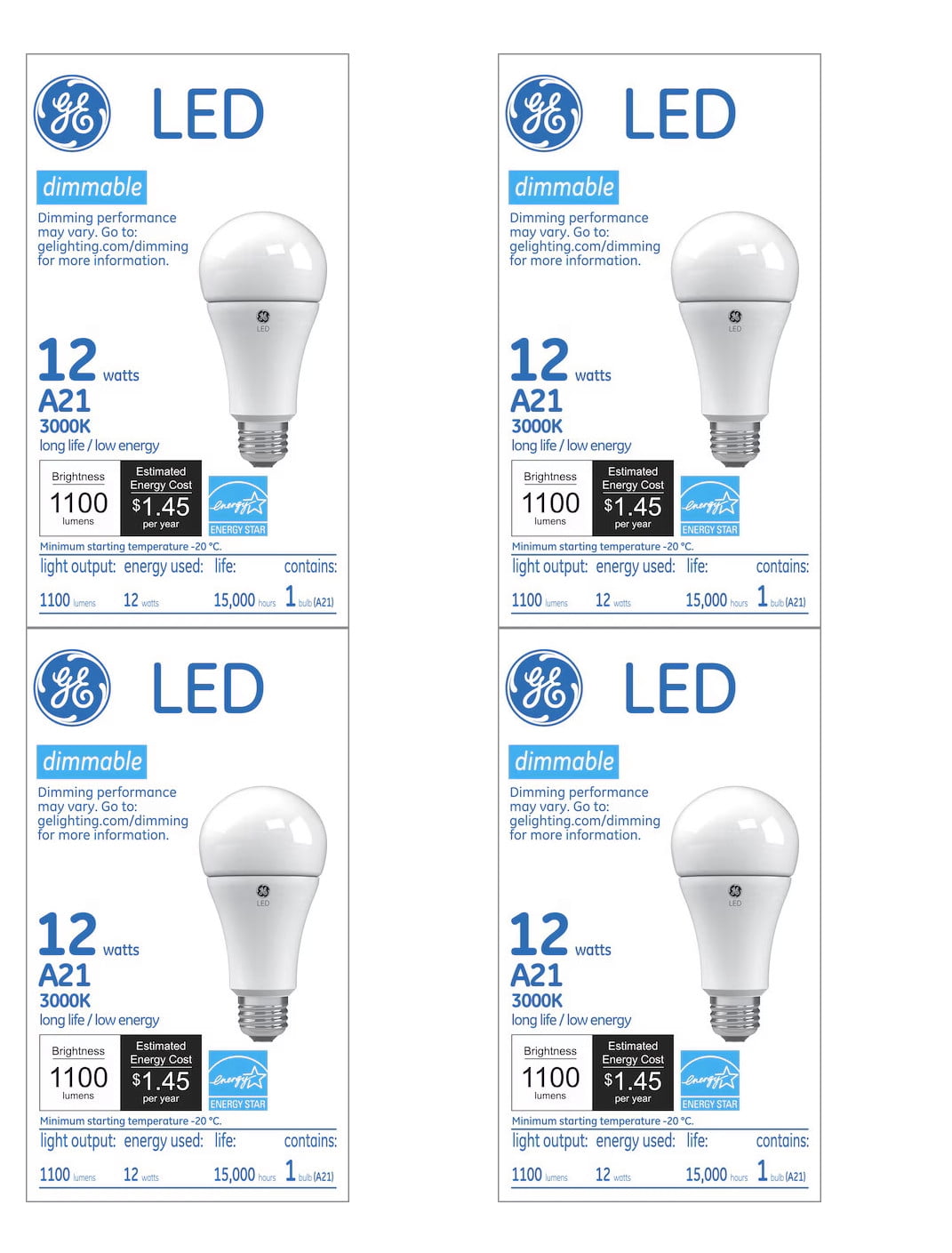 (4 bulbs) GE LED A21, 12 Watt, 1100 Lumen, 3000K, Dimmable, Medium ...